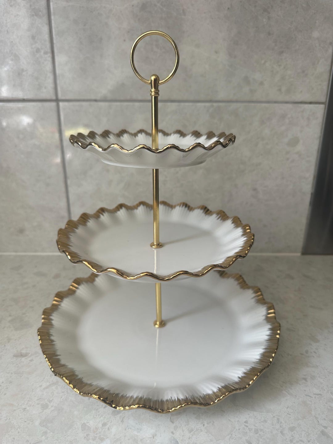 Gold White Ceramic Porcelain Stand Food Platter Display Snack Tray ...