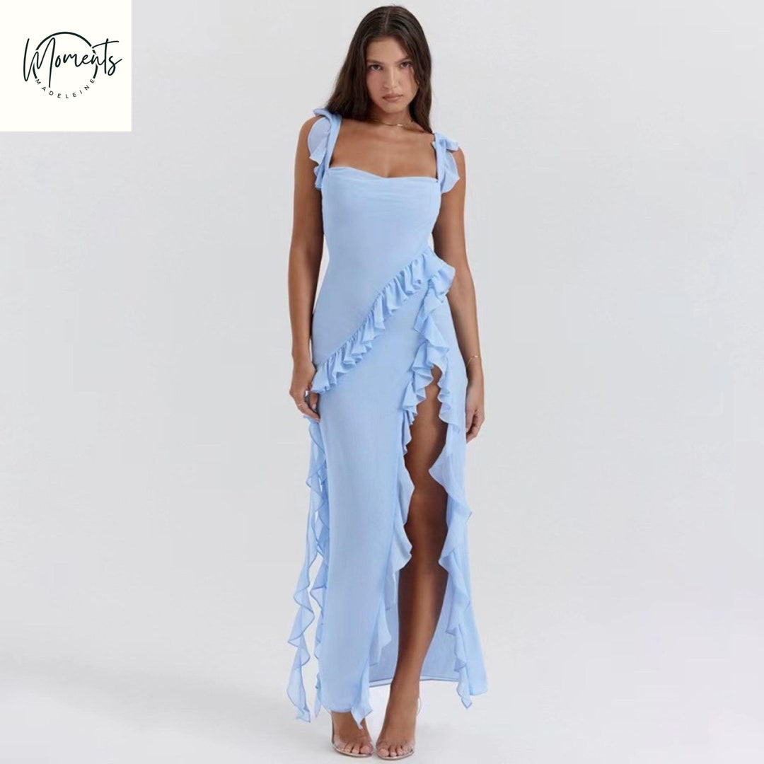 Blue Ruffle Elegant Evening Dress, Formal Maxi Dress Light Blue, Ball ...