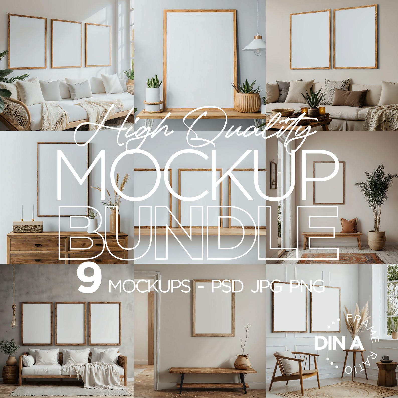 DIN A Mockup Frame Bundle of 9 Wood Frame Mockup, Frame Mockup, Artwork ...