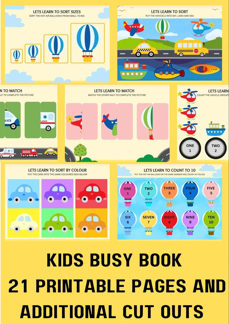Transport Toddler and Kids Busy Book Activity Pages Digital Download - Etsy