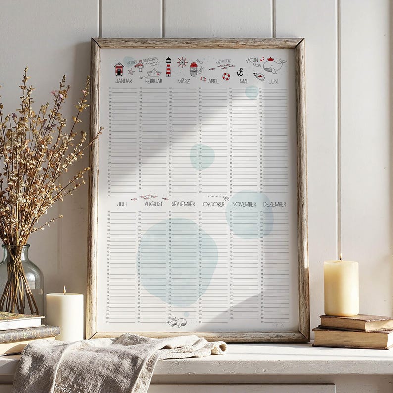 Perpetual Birthday Calendar (printable A3) | Nautical Calendar With ...