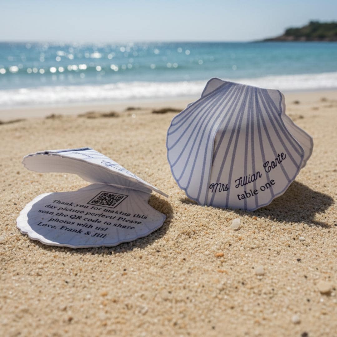 Custom Seashell Wedding Place Cards With Personal Message & QR Code ...