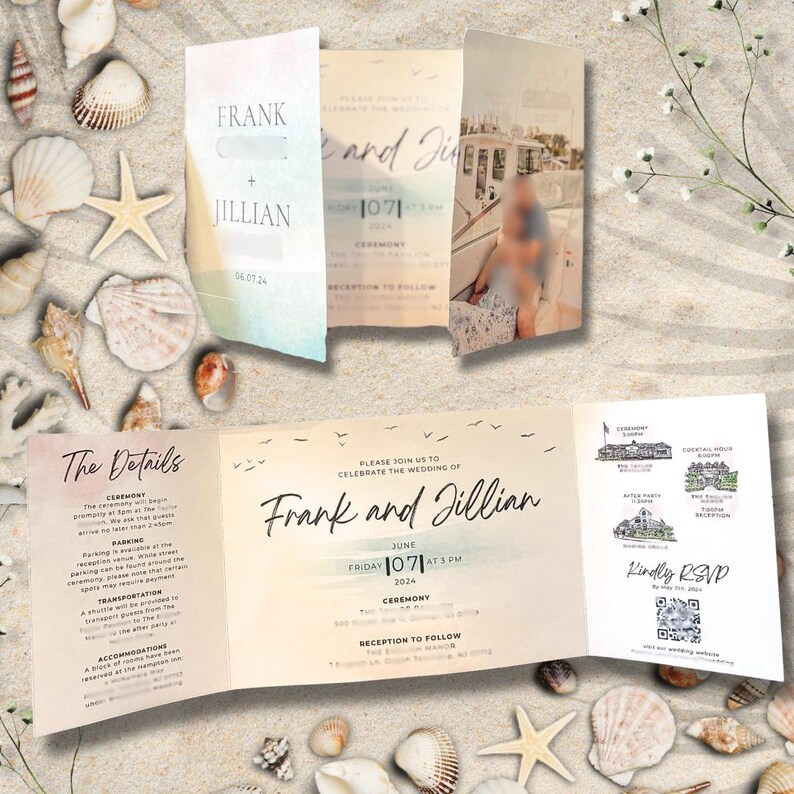 Trifold Wedding Invite With QR Code | Beach Watercolor Wedding ...