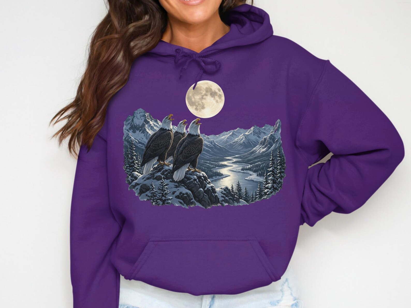 Majestic Bald Eagle Howling at Moon Hoodie, Snowy Mountain Wilderness ...