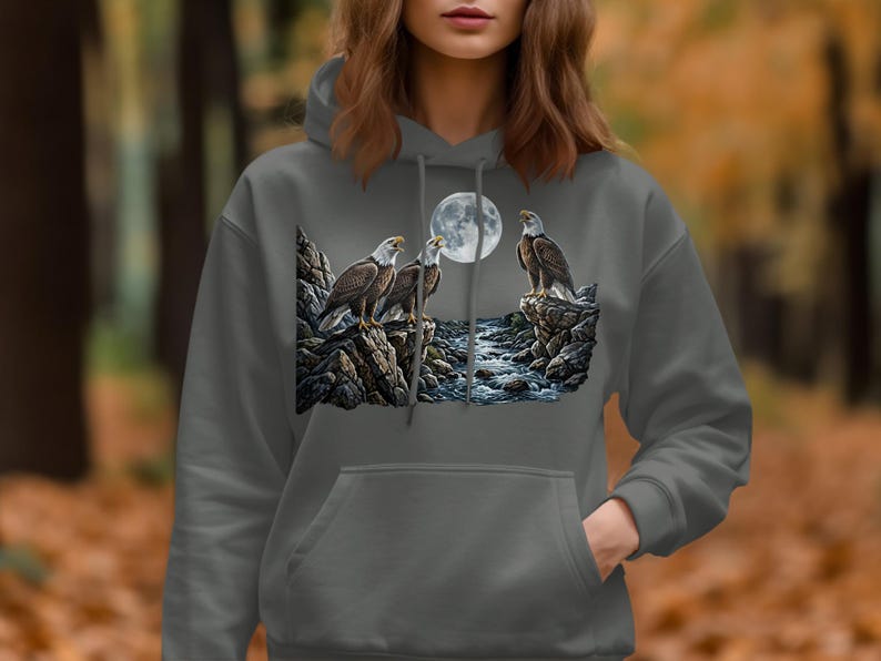 Majestic Bald Eagle Hoodie, Moonlit River Wilderness, Nature Lover ...