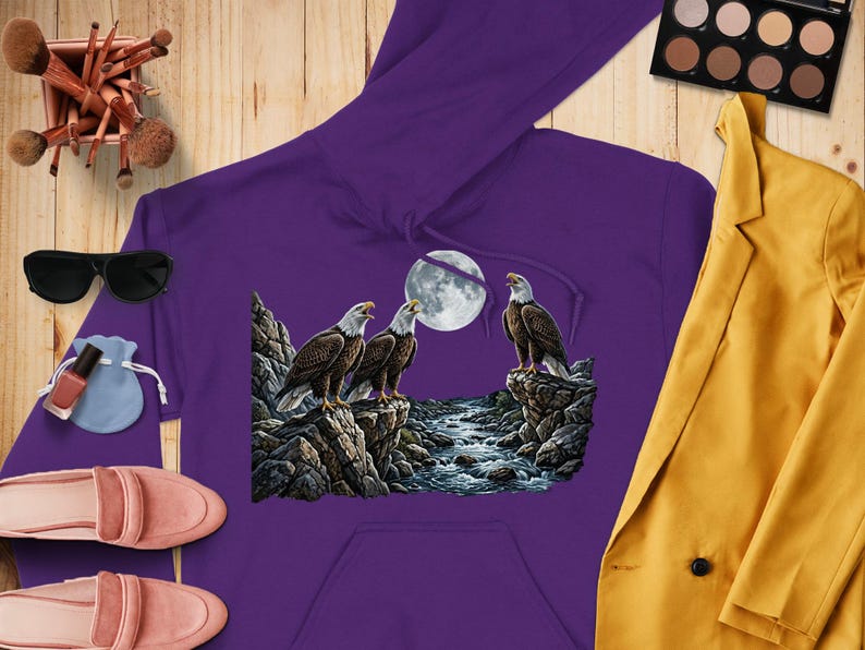 Majestic Bald Eagle Hoodie, Moonlit River Wilderness, Nature Lover ...