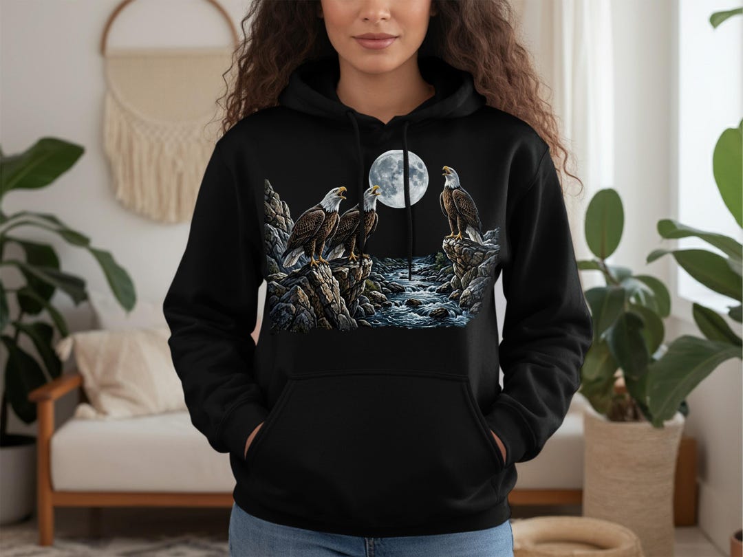 Majestic Bald Eagle Hoodie, Moonlit River Wilderness, Nature Lover ...