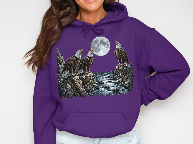 Majestic Bald Eagle Hoodie, Moonlit River Wilderness, Nature Lover ...