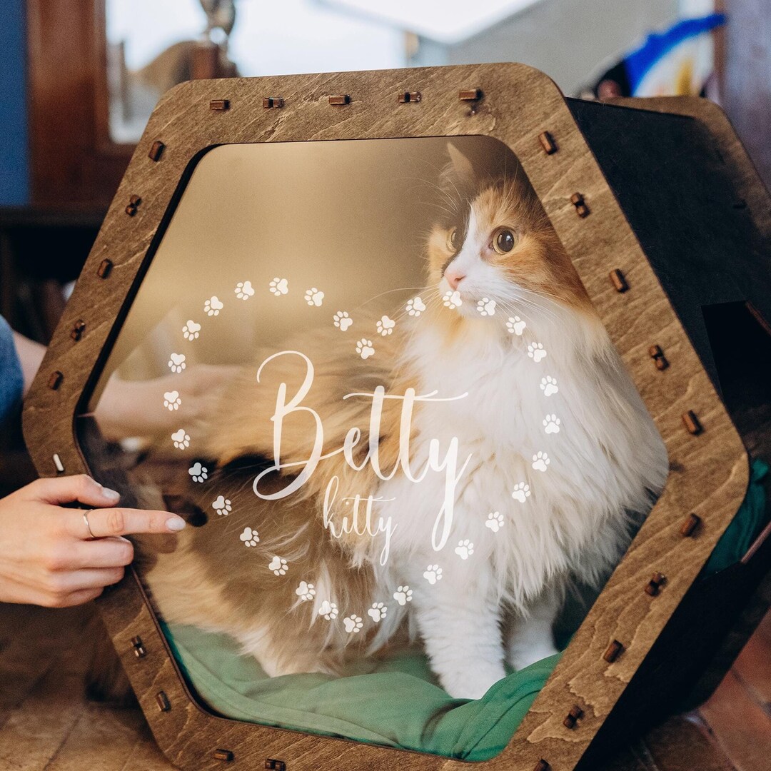 Personalized Engraved Window Wood Cat House, Custom Text Engraved ...