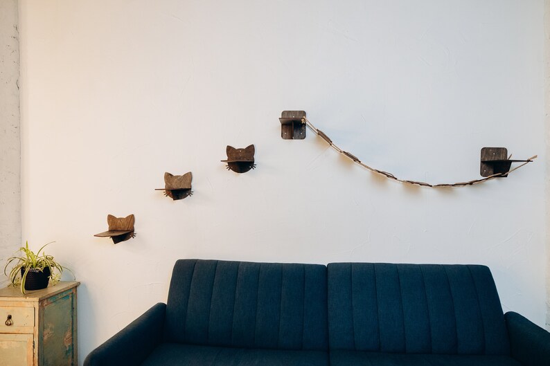 Natural Wood Wall Mounted Cats Ladder, Cat Climbing Wood Steps, Wall ...