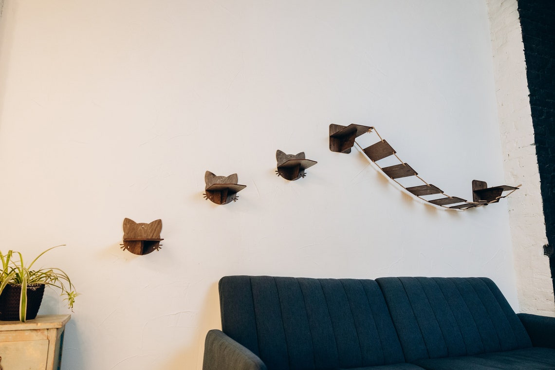 Natural Wood Wall Mounted Cats Ladder, Cat Climbing Wood Steps, Wall ...