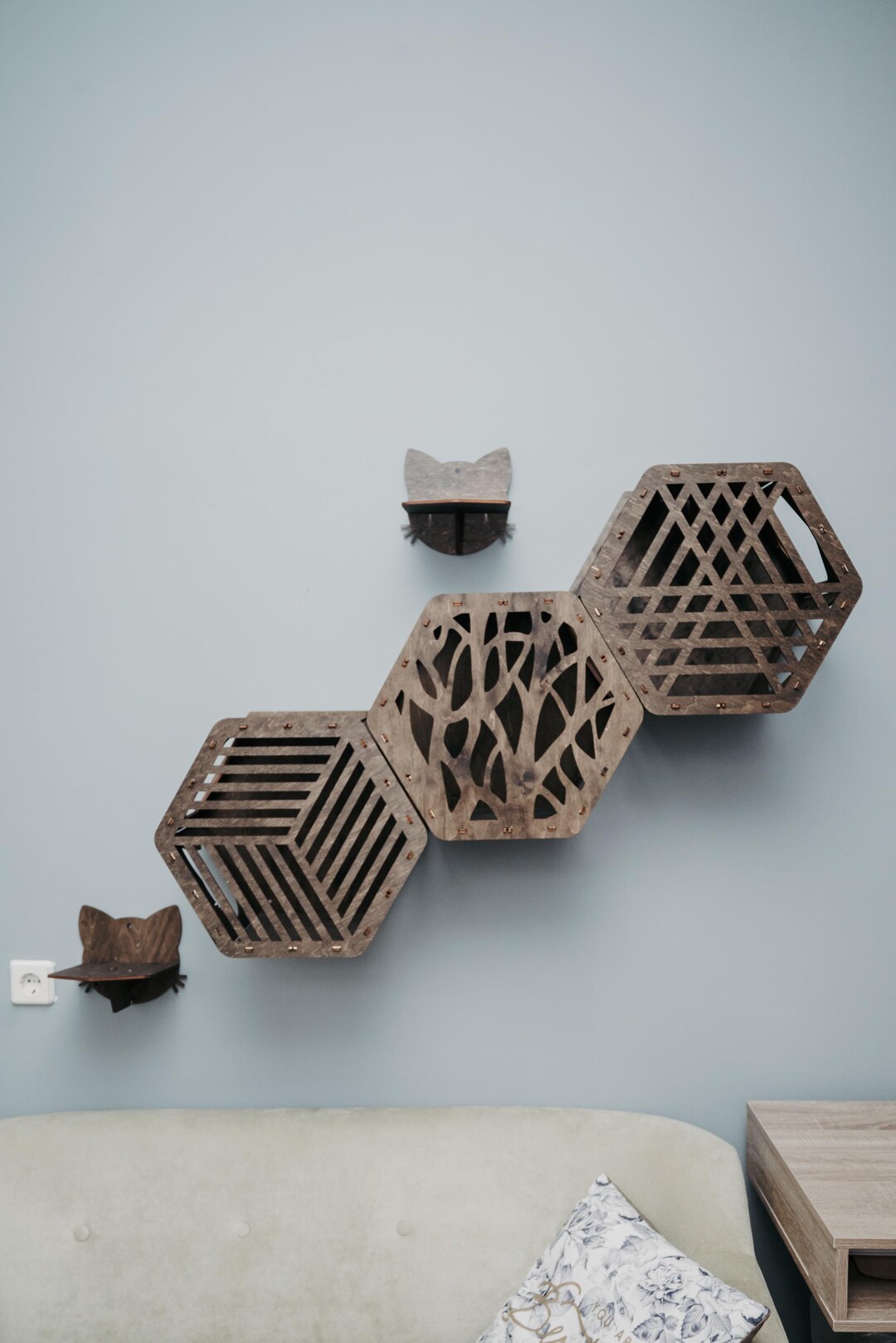 Set of Custom Wall Hexagon Cat Shelves With Floral Designs, Modern Wall ...