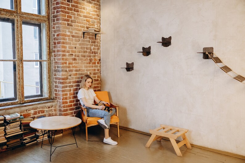 Natural Wood Wall Mounted Cats Ladder, Cat Climbing Wood Steps, Wall ...