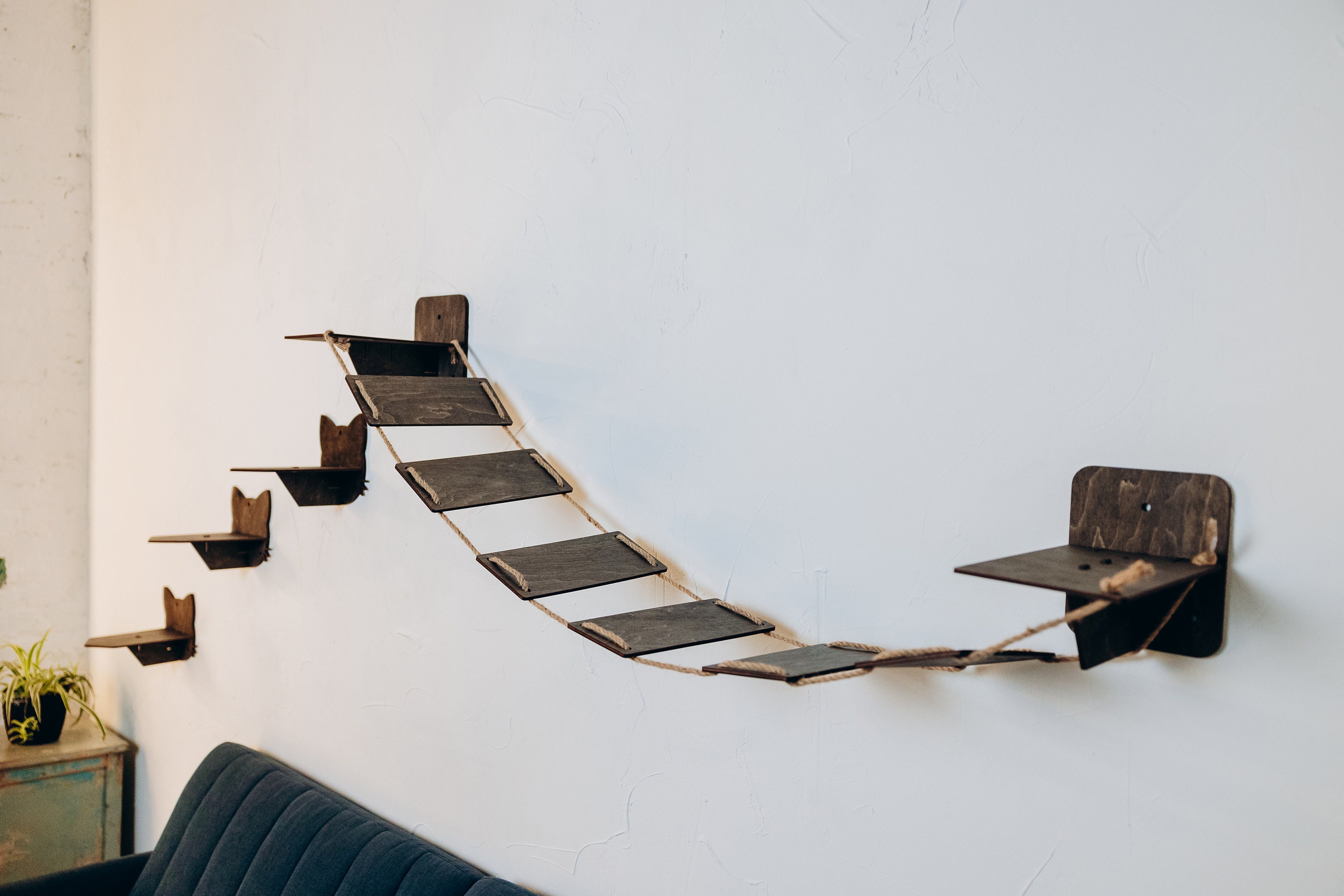 Natural Wood Wall Mounted Cats Ladder, Cat Climbing Wood Steps, Wall ...