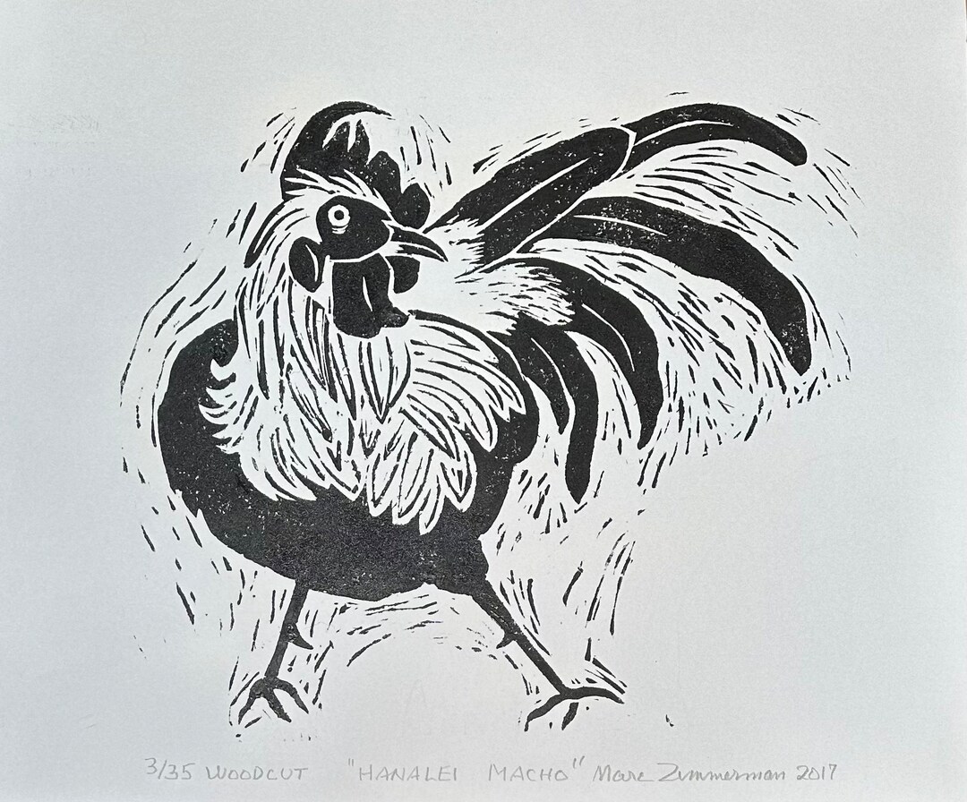 Hanalei Macho - Surfing Art - Woodcut Chicken Rooster Print by Marc ...