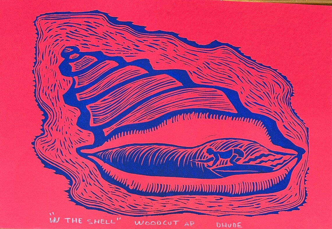 In the Shell - Surfing Art -ocean Vibe - Woodcut Print by Marc ...