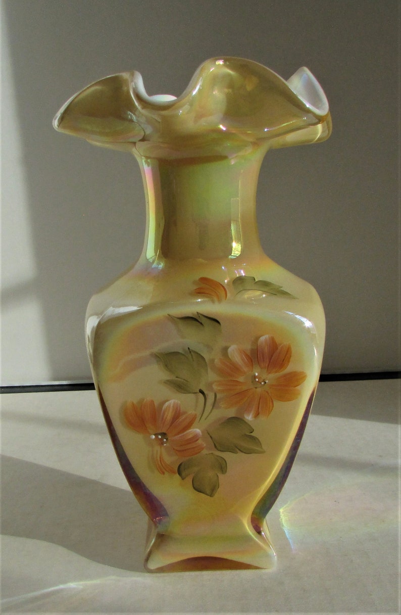 Fenton Iridescent Vase, Hand Painted Floral Overlay, Signed J. Cutshaw ...