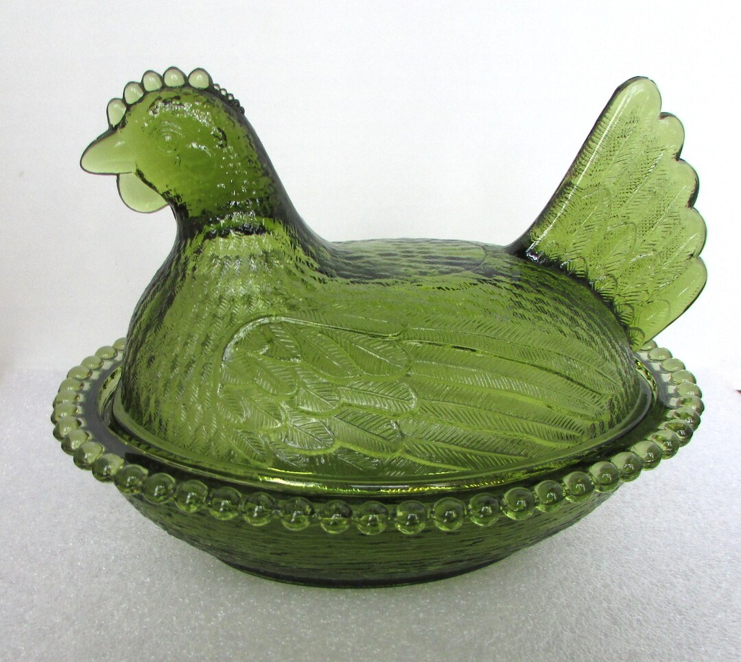Vintage Indiana Glass Green Hen on Nest - Etsy