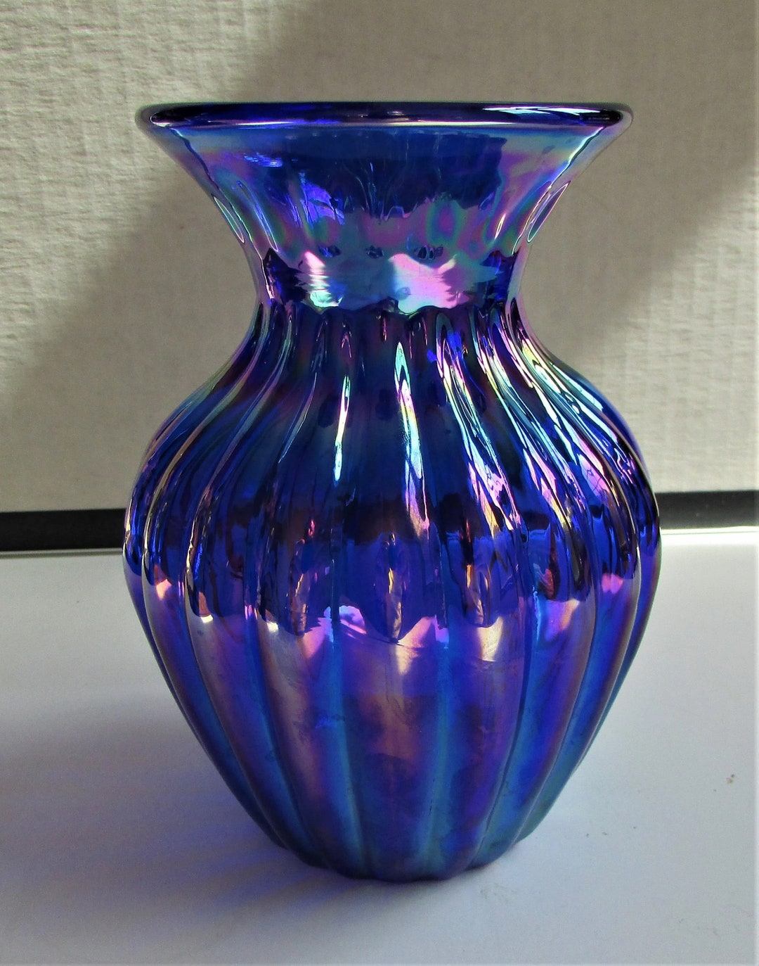Vintage Gibson Blue Iridescent Art Glass Vase - Etsy