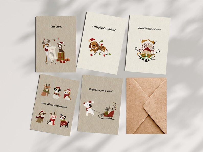 Bundle of 5 Printable Christmas Cards Festive Dogs Digital Download - Etsy
