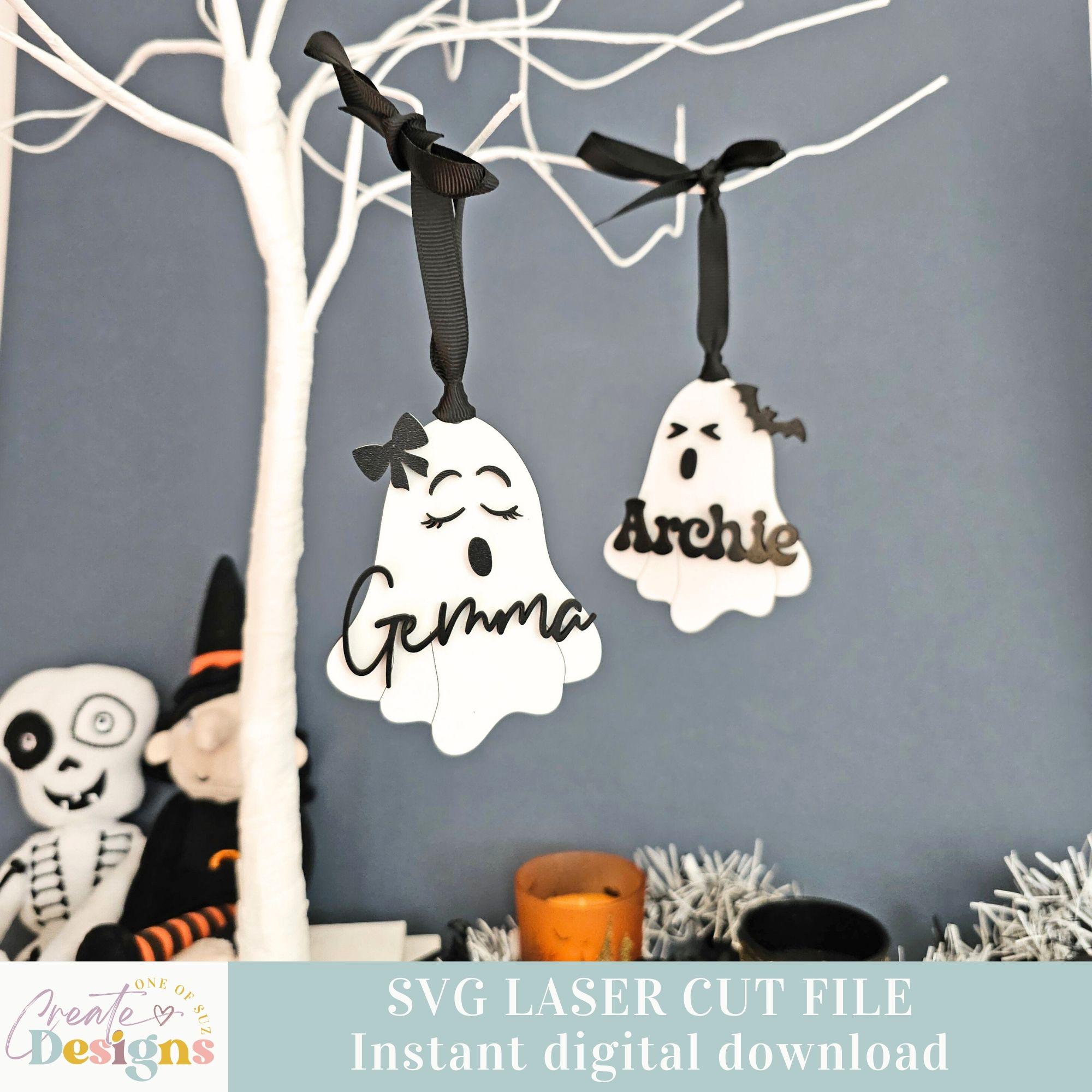 Halloween Ghost SVG Laser File | Cute Ghosts With Bow and Bat Laser Cut ...