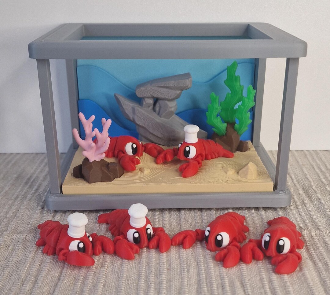 2 Cute Lobsters in a Miniature Aquarium, Cute, for Animal Lovers and ...