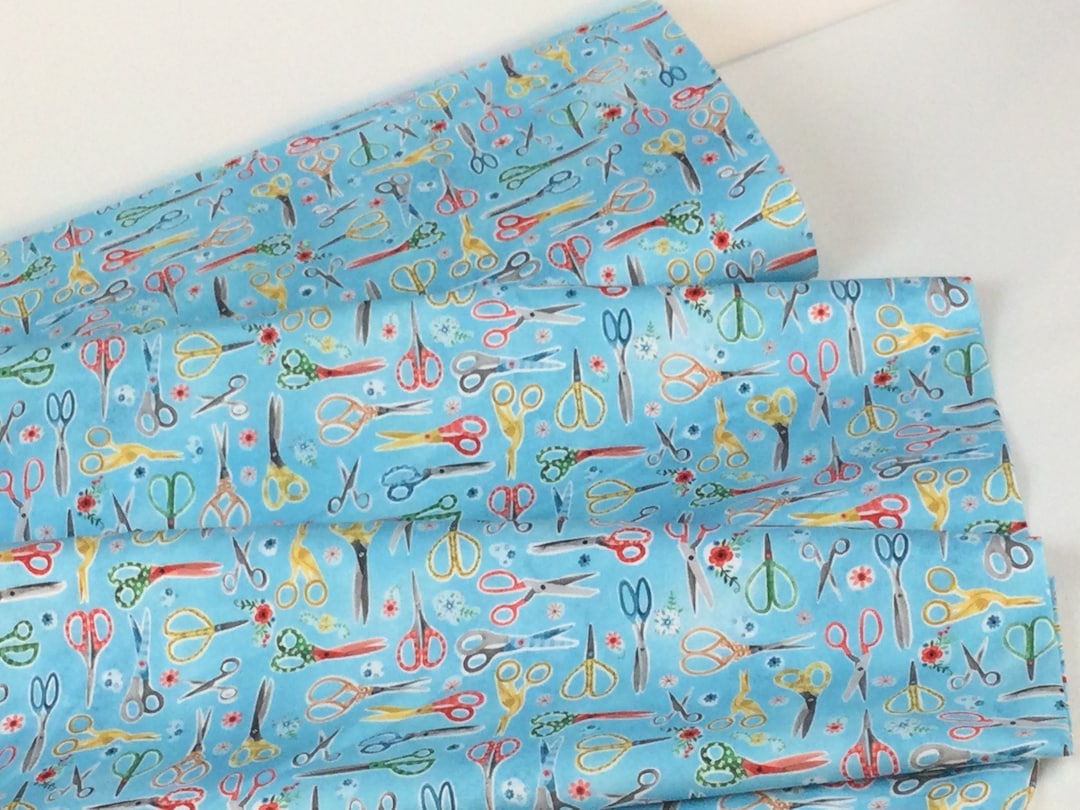 Scissors on Sky Blue Background, 100% Quilting Cotton Fabric ~ A Stitch ...