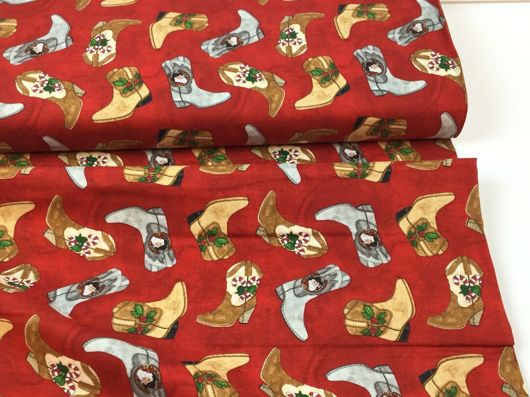 9 Dollars/ Yard SALE Tossed Cowboy Boots Red Fabric From Giddy up Santa ...