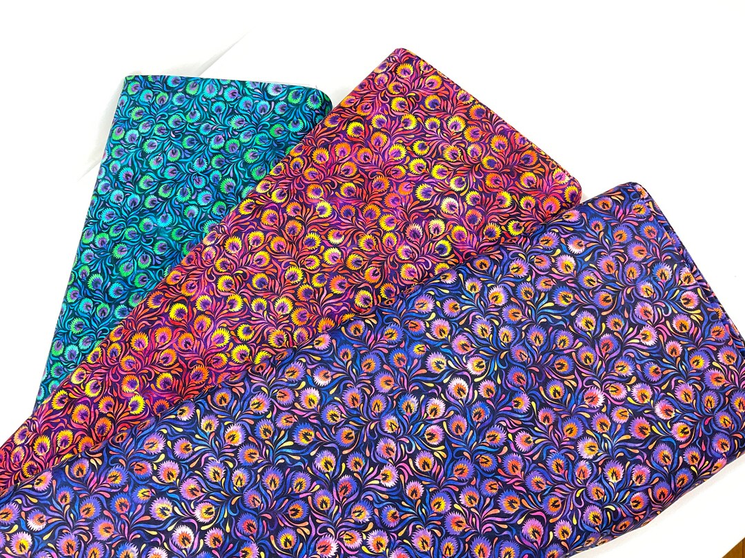 Peacock Feather Toss Aqua/ Violet/ Pink 100% Cotton Fabric Eclectica ...