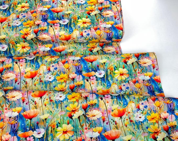 6 Yards Poppy Field Multi Color, 100% Quilting Cotton Fabric ...
