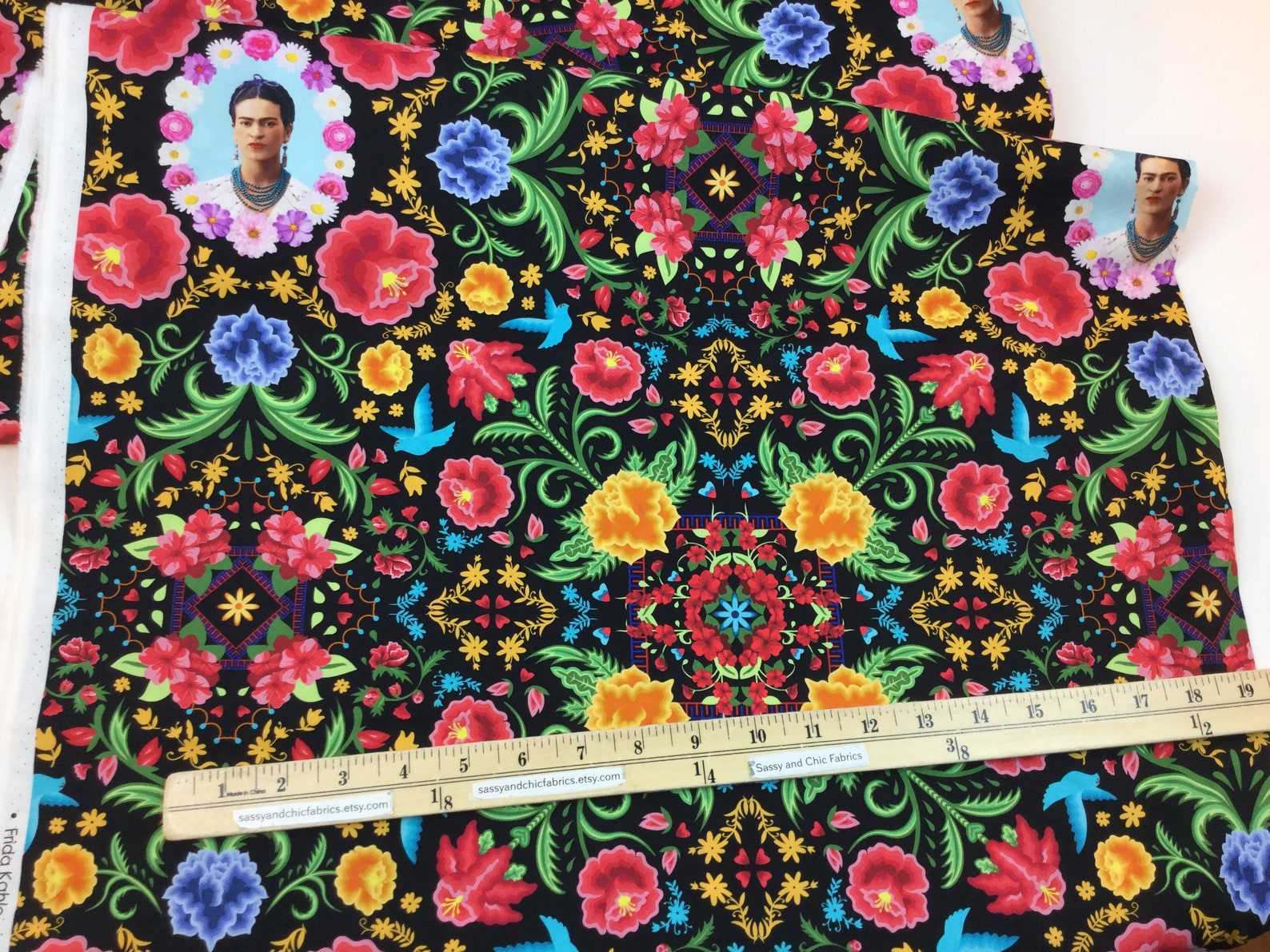 Frida Kahlo Floral with Frida Black or White Fabric Frida | Etsy