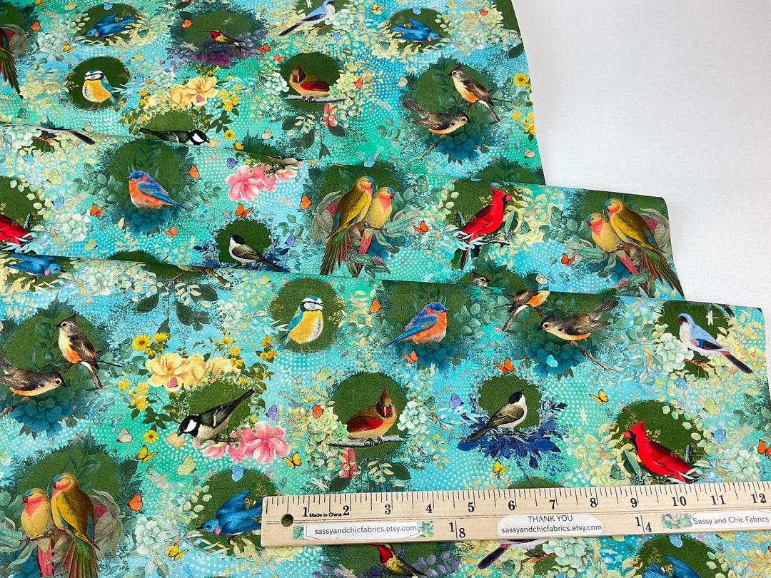 Perched Birds in Blue 100% Cotton Fabric ~ Enchanted Aviary Collection ...