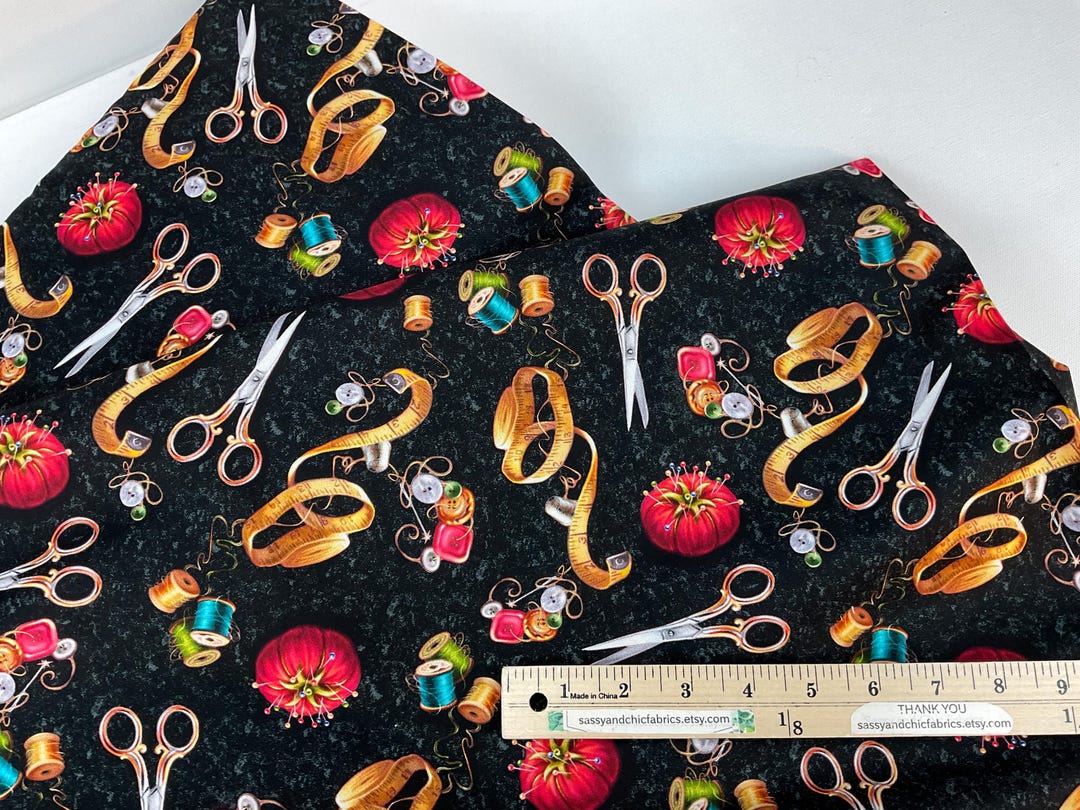 Sewing Tools Black Background, 100% Quilting Cotton Fabric ~ Sew Far Sew Good Collection From ...