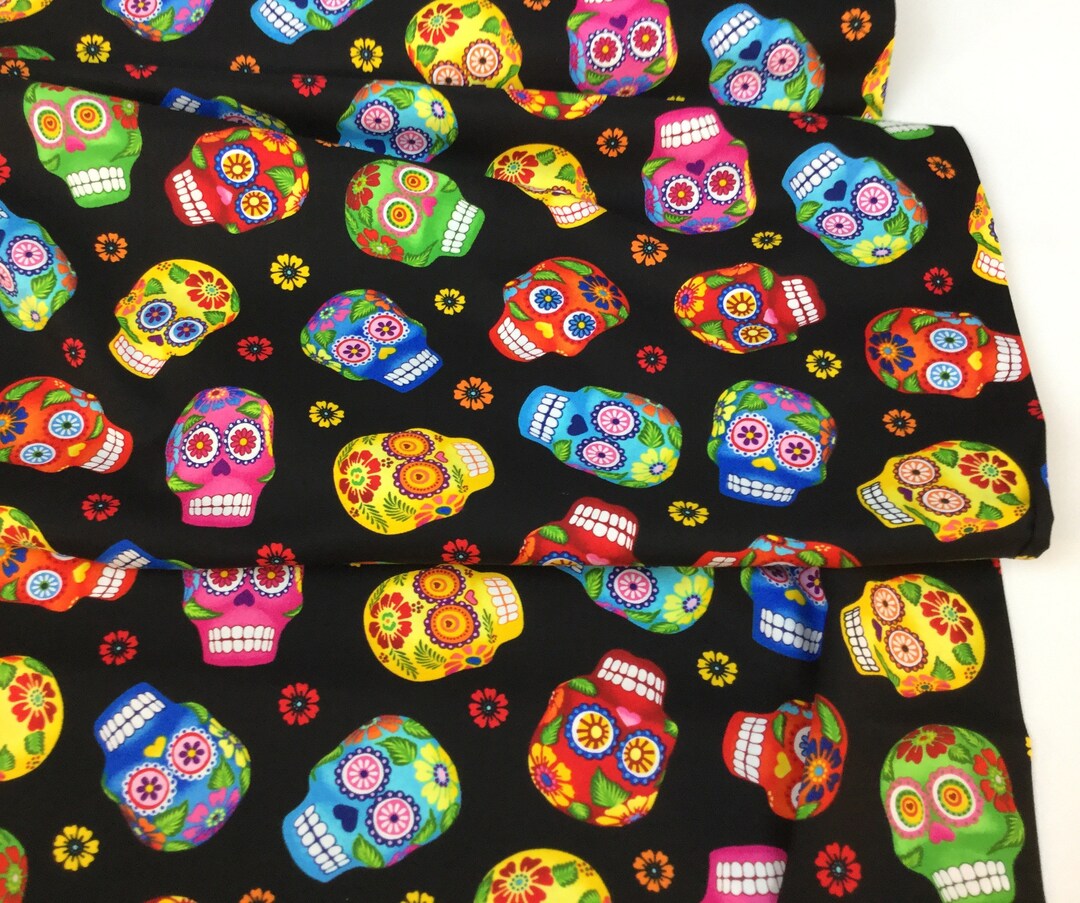 By the Yard SALE ~ Tossed Sugar Skulls Black Fabric ~ Folk Art Sugar ...