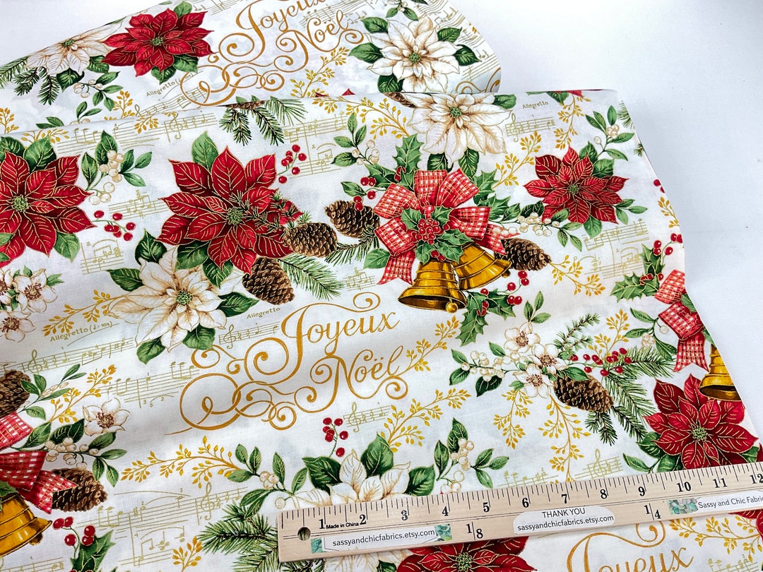 Christmas Bell Poinsettia and Text Cream Cotton With Gold Metallic ...