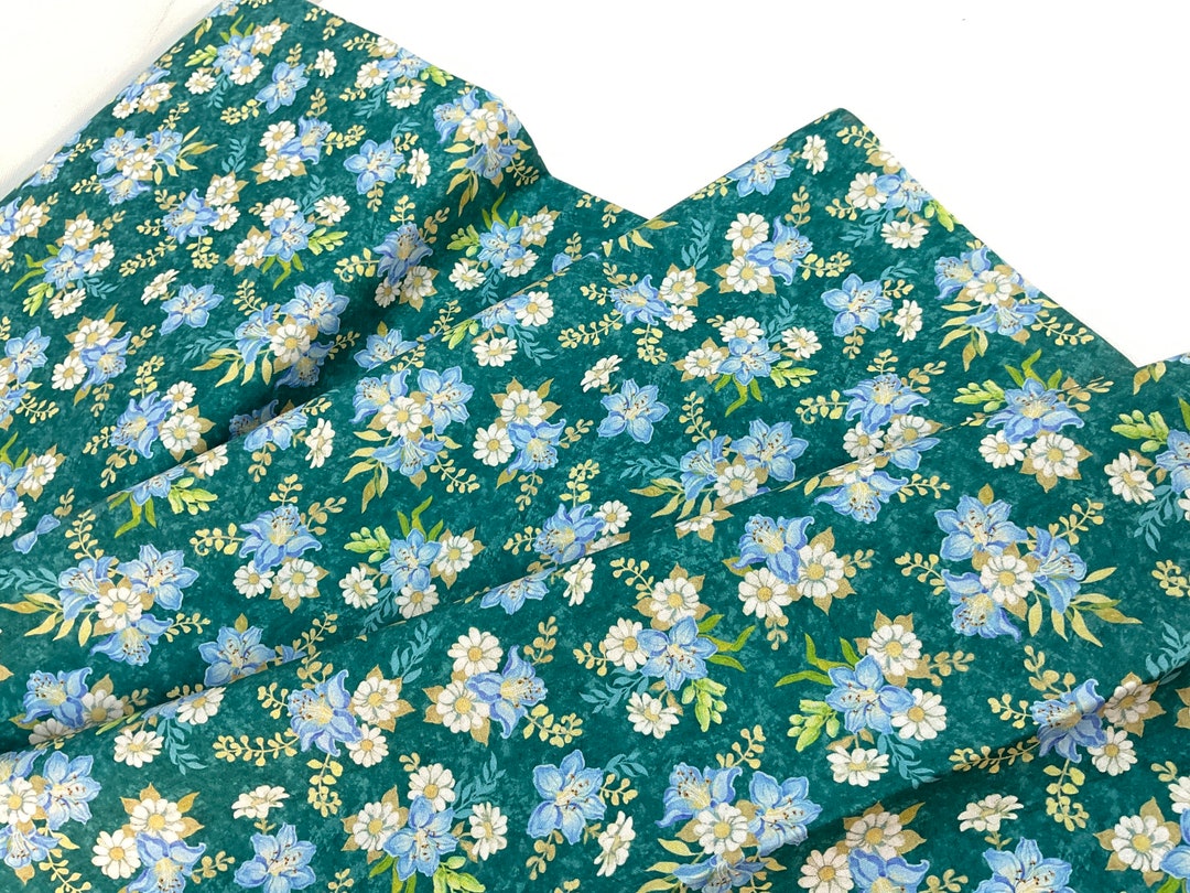 By the Yard ~ Pretty Floral Aqua Fabric ~ Country Roosters Collection ...