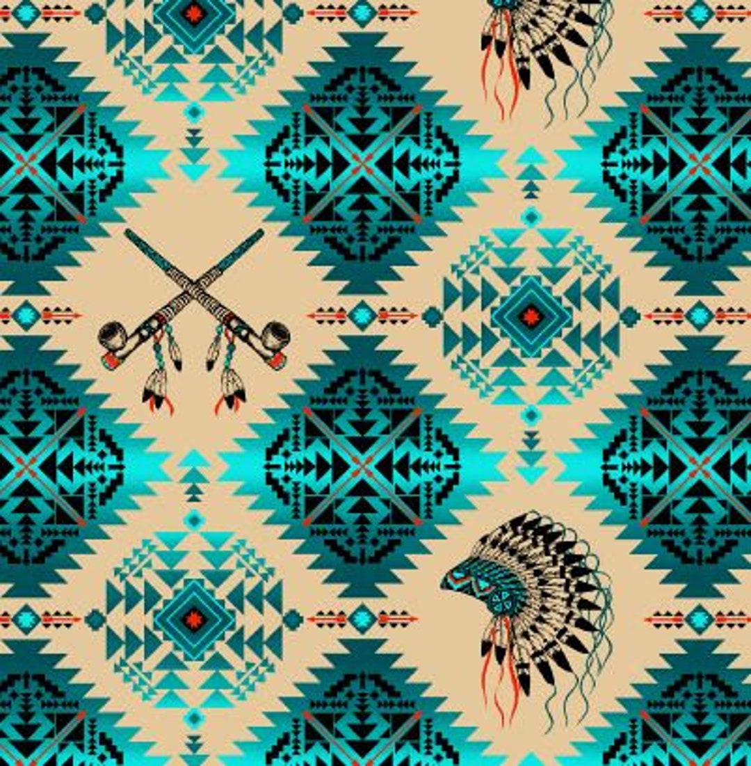 By the Yard ~ Native Spirit Headdress & Pipes Turquoise Fabric ~ Native ...