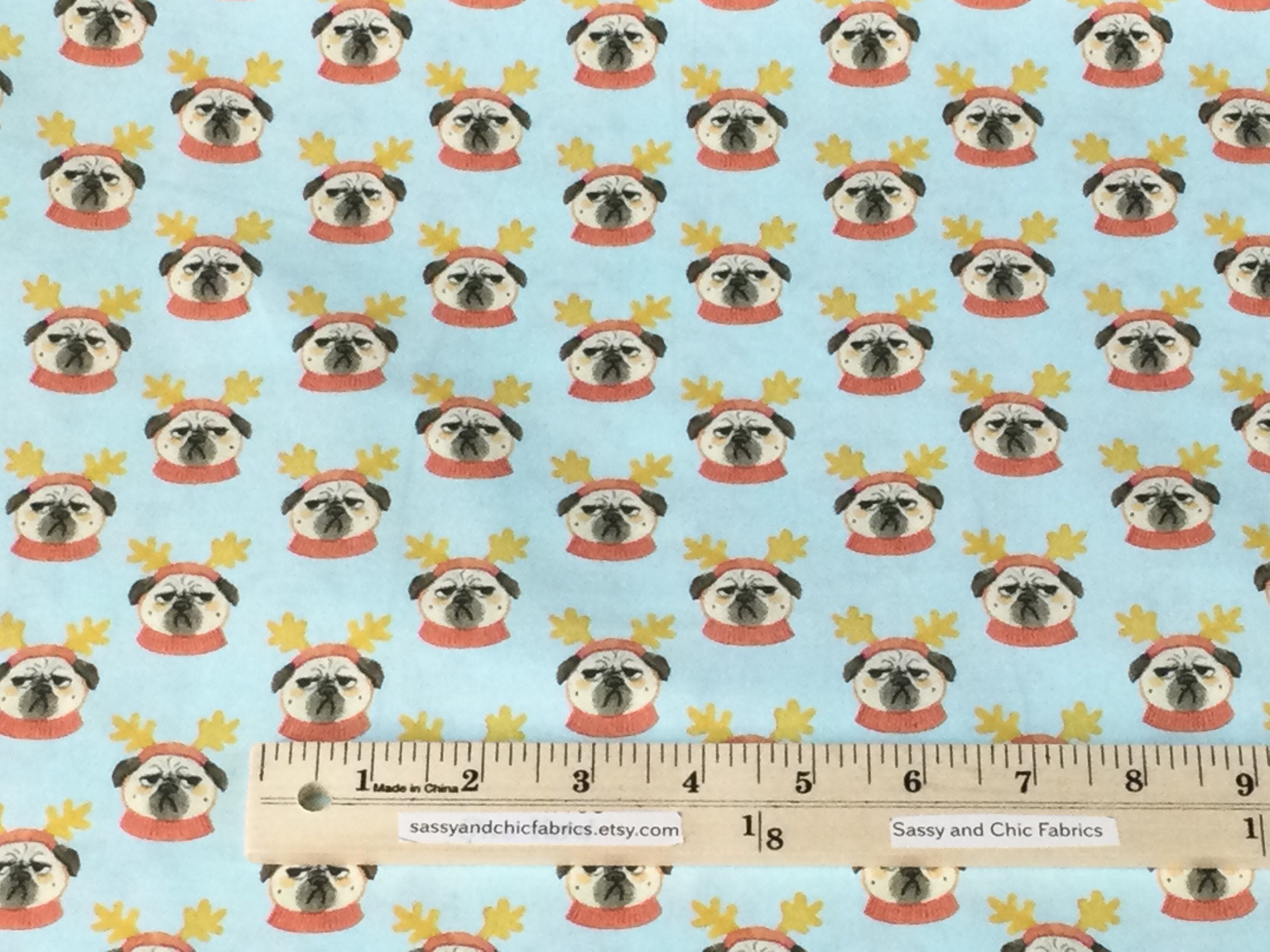Pug Life, Pugs on Light Blue Background, 100% Quilting Cotton Fabric ...