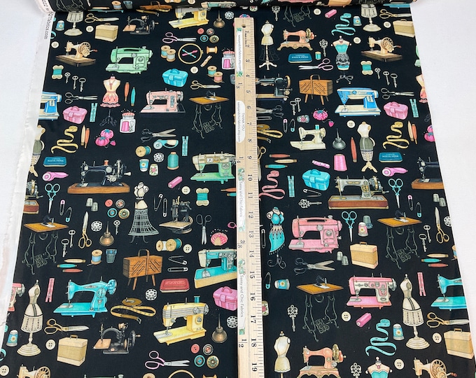 Sewing Motifs Black Background 100% Quilting Cotton Fabric ~ Just Sew ...