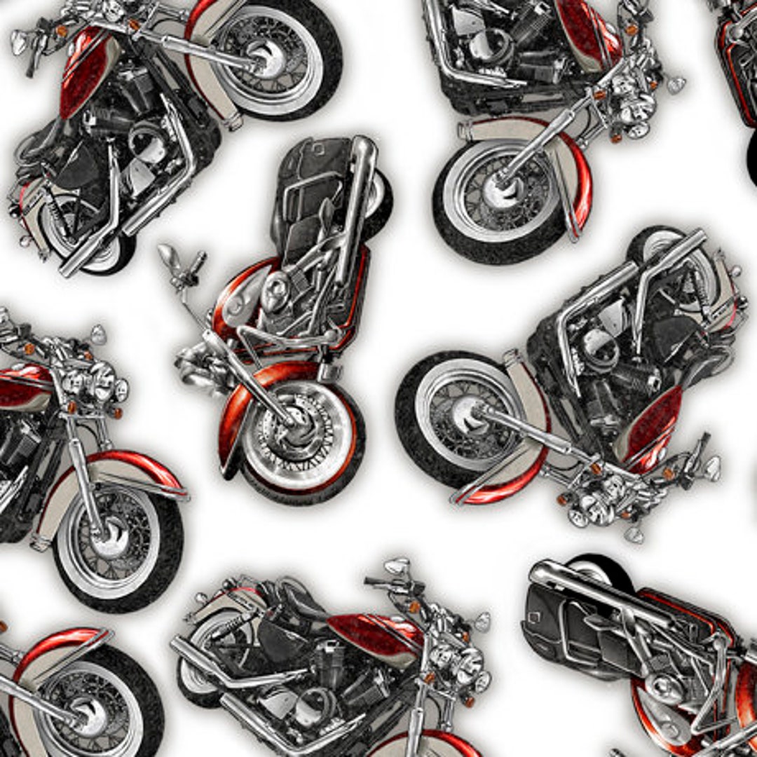 Tossed Motorcycles White Fabric ~ Ride Free Collection From QT Fabrics ...