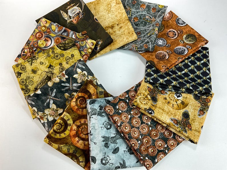 12 Fabrics Steampunk Bundle + 35” Full Steam Panel, 100% Quilting ...