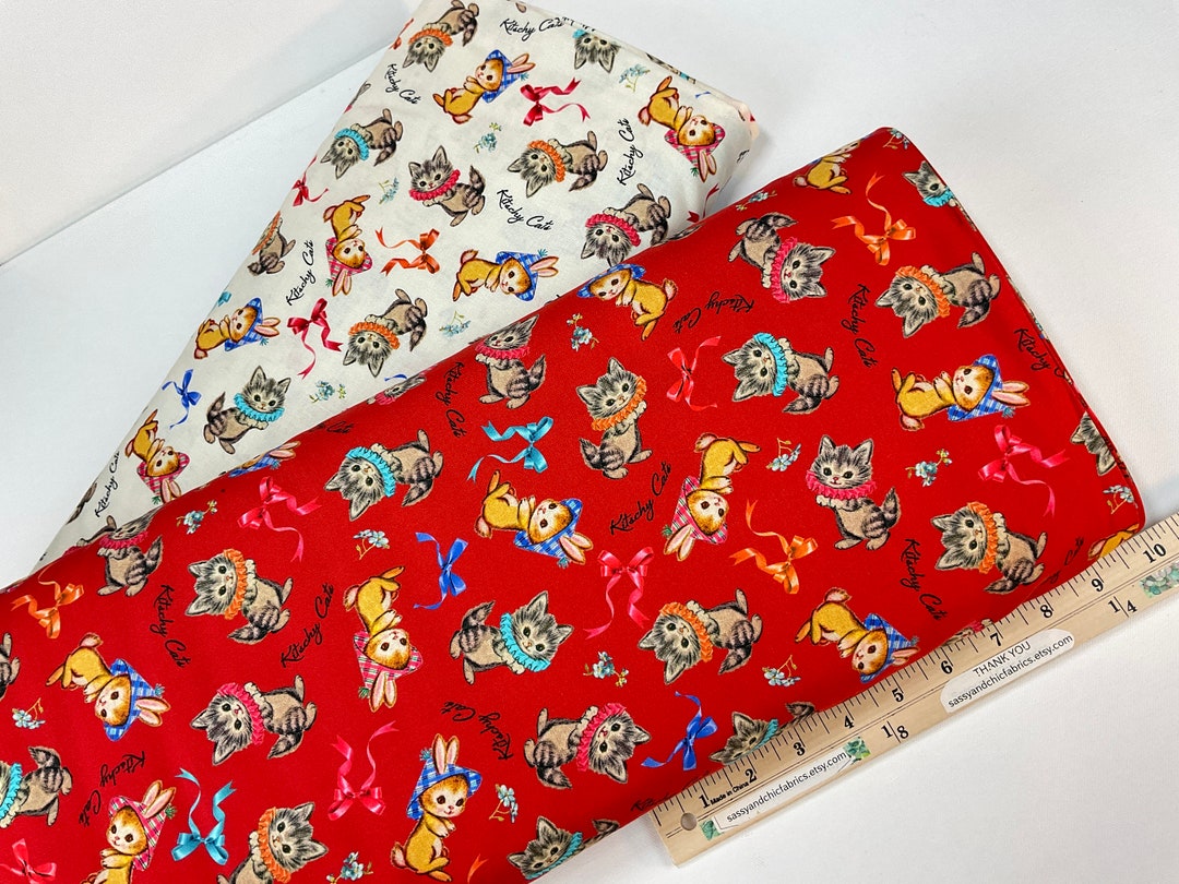 Kitschy Cats 2 Colors: Red or Cream, 100% Cotton Fabric ~ I Love Kitsch ...