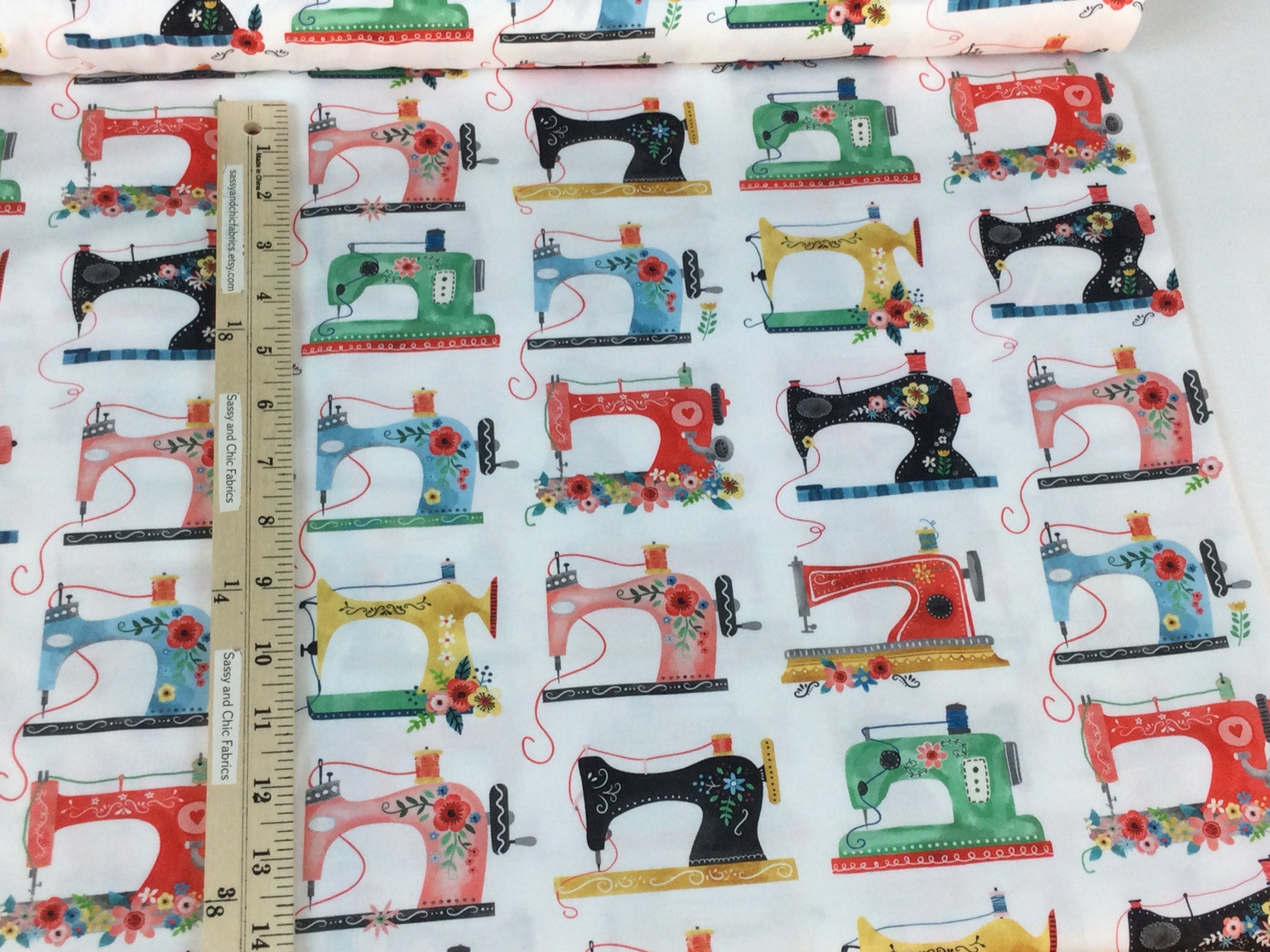 Vintage Sewing Machines White Background, 100% Quilting Cotton Fabric ...