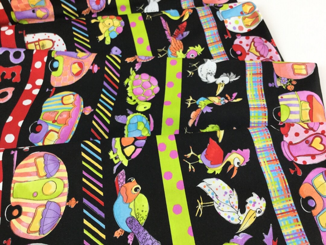 1 Yard Left ~ Campers Stripe Borders Black Fabric ~ Happy Camper ...