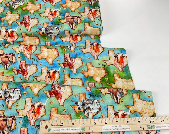 Texas Map and Longhorns Green 100% Cotton Fabric Longhorns Collection ...