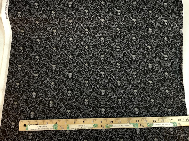 Skulls Damask on a Black Background, 100% Quilting Cotton Fabric ~ Pick ...