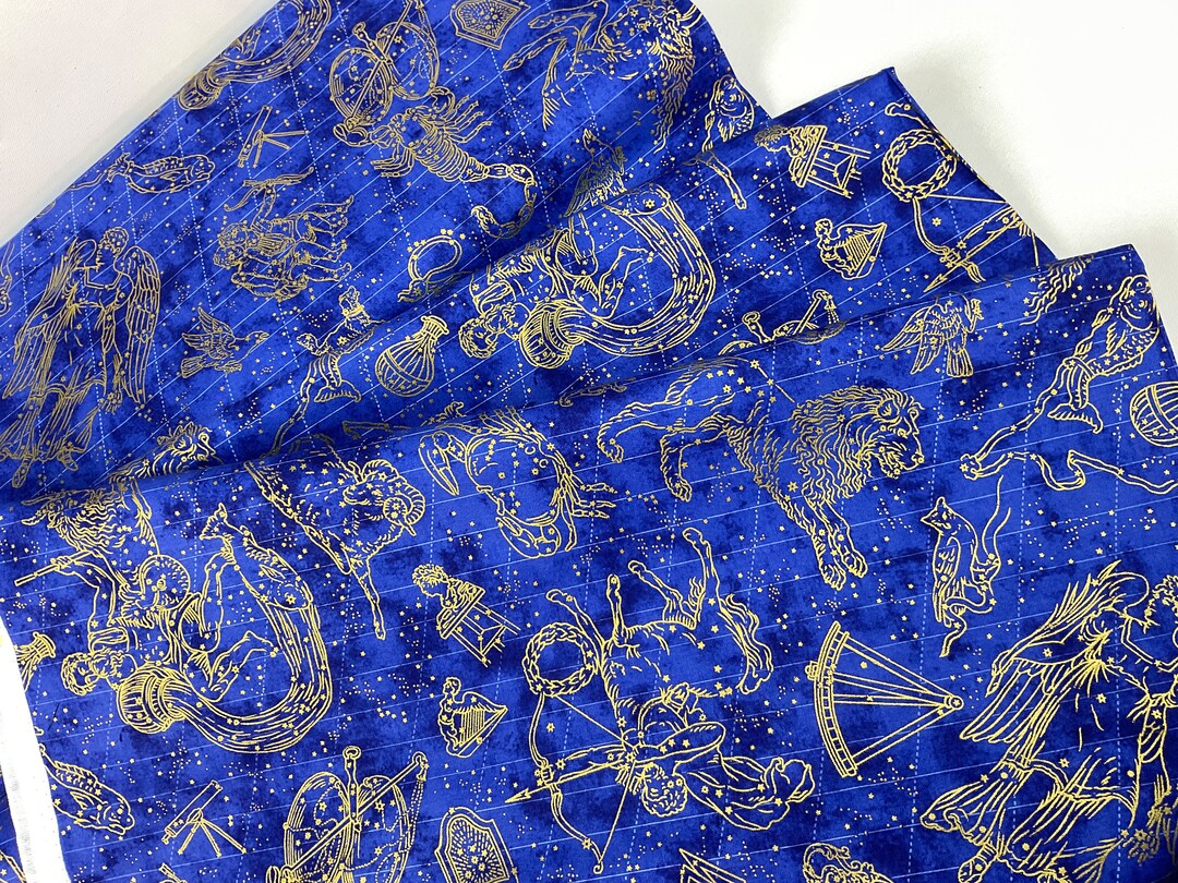 Zodiac Signs Sapphire 100% Cotton With Gold Accent Fabric ~ Star Map ...