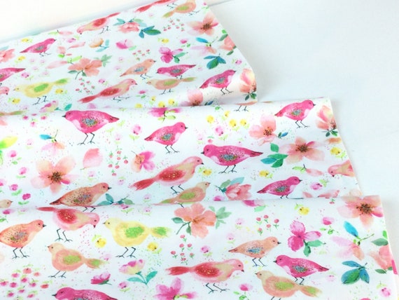 Watercolor Spring Song Birds White Fabric Spring Song | Etsy