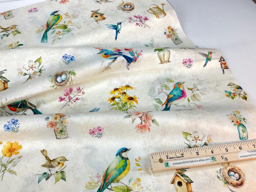 Birds and Flowers Cream Background, VERY LIGHTWEIGHT 100% Cotton Fabric ...
