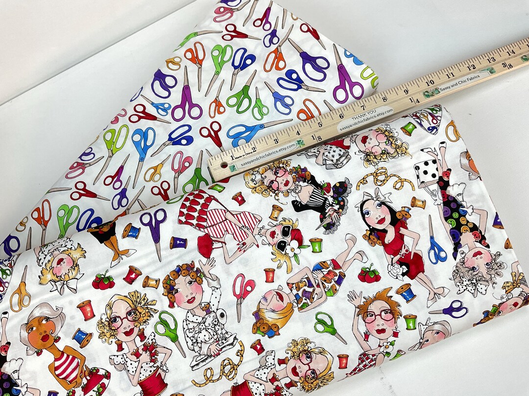 Shear Fun White or Sew Toss on White Background, 100% Quilting Cotton ...